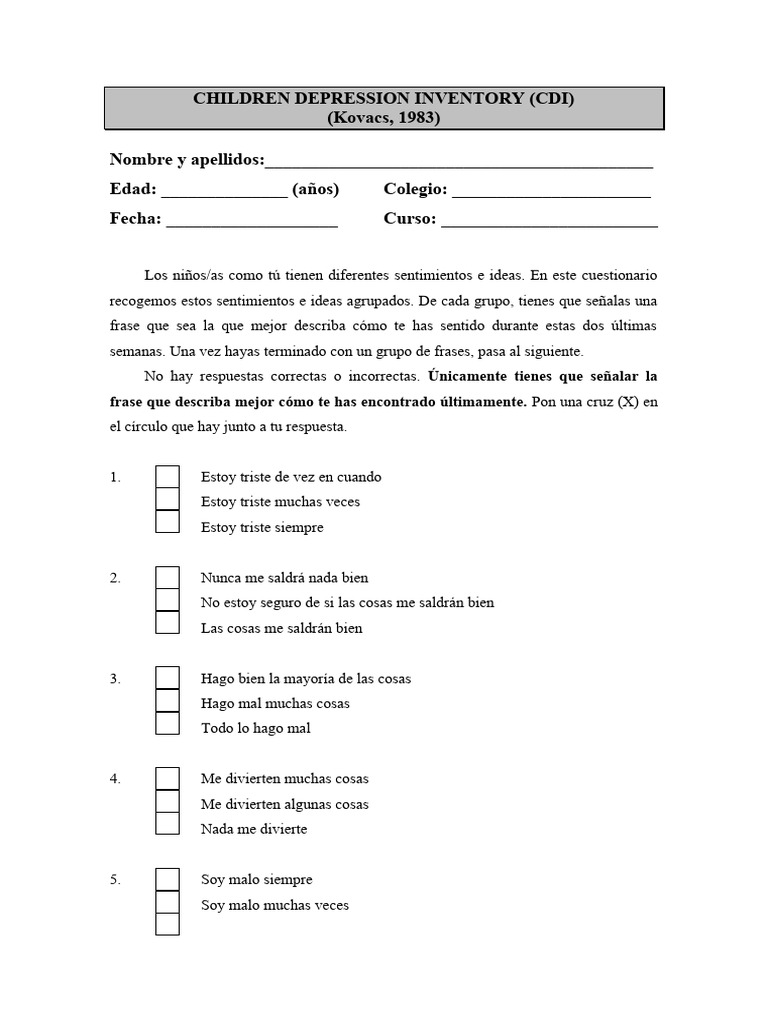 Children Depression Inventory | PDF | Salud y bienestar | Estilo de vida