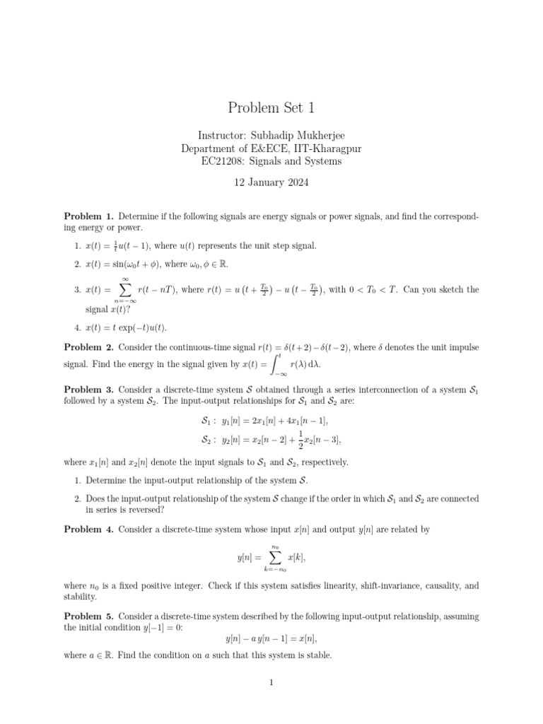PS1 Signals and Systems 12jan2024 | PDF