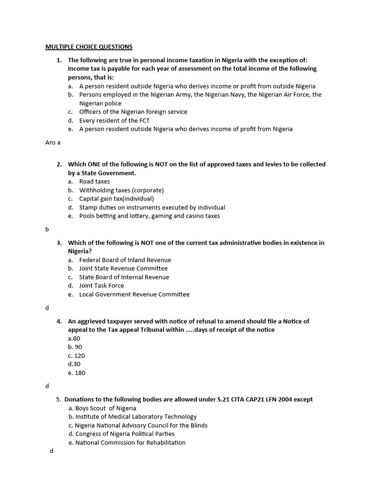 Multiple Choice Questions On Income Tax in Nigeria | PDF | Taxes | Expense