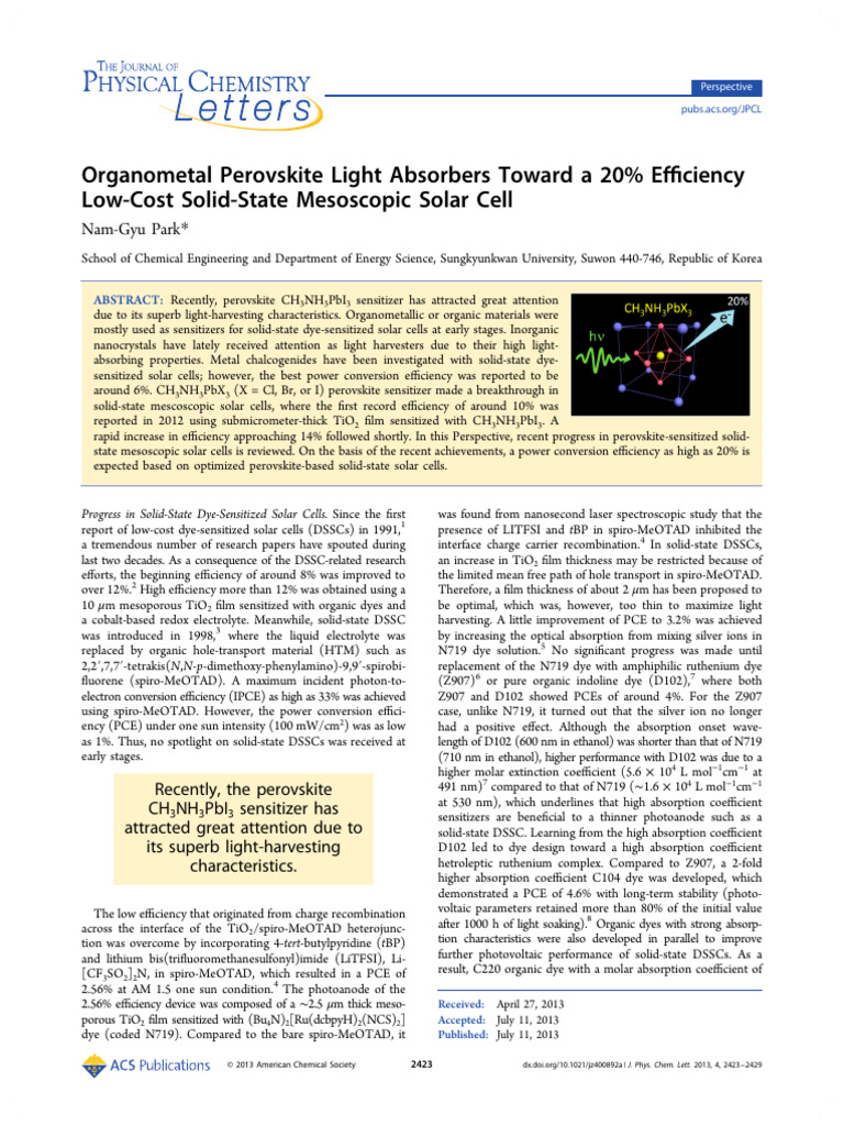 Organometal Perovskite Light Absorbers Toward A 20% Efficiency Low-Cost ...