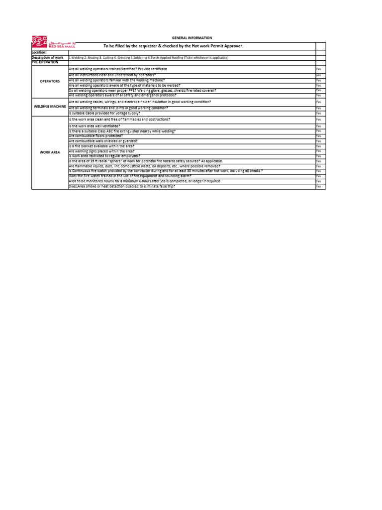 Hot work Permit Checklist | PDF | Welding | Construction