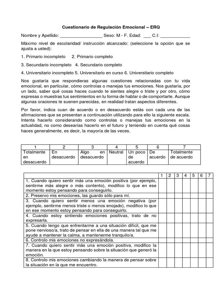 Cuestionario ERQ de Regulación Emocional | PDF | Las emociones ...