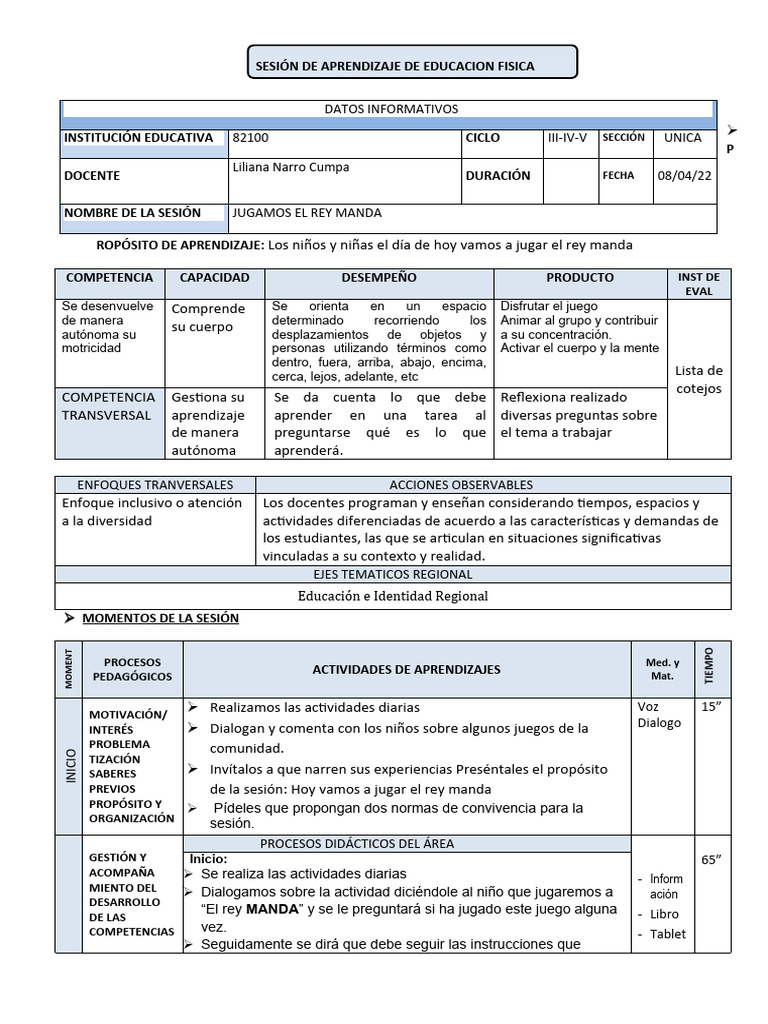 Juego "El Rey Manda" en Educación Física | PDF | Aprendizaje | Ciencia ...