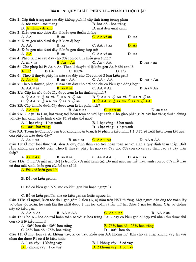 BT luyện tập Bài 8 9 sinh 12 | PDF