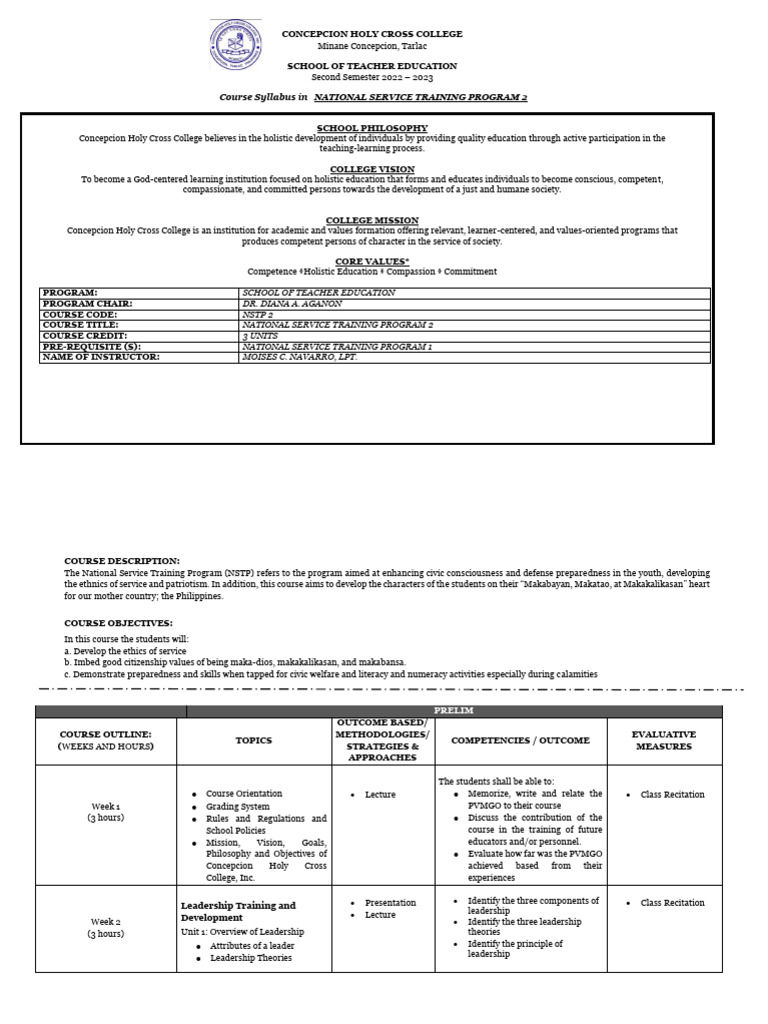 NSTP 2 Syllabus | Download Free PDF | Leadership | Lecture