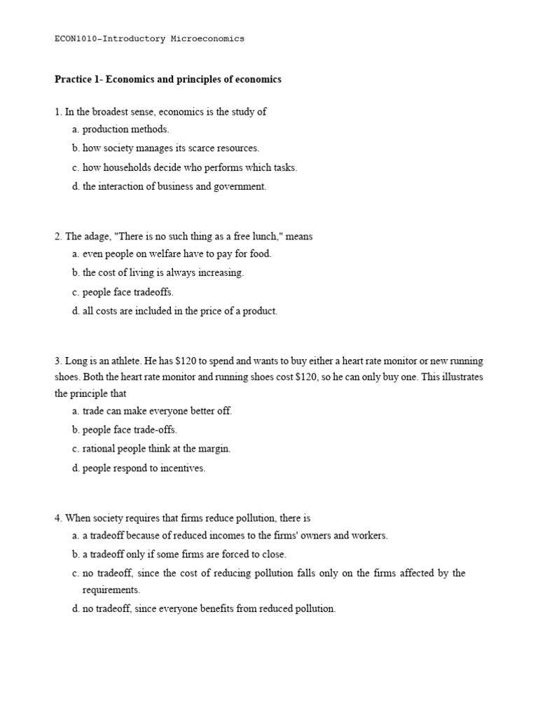 Practice 1 - Principles of Economics - ECON1010 | PDF | Cost Of Living ...