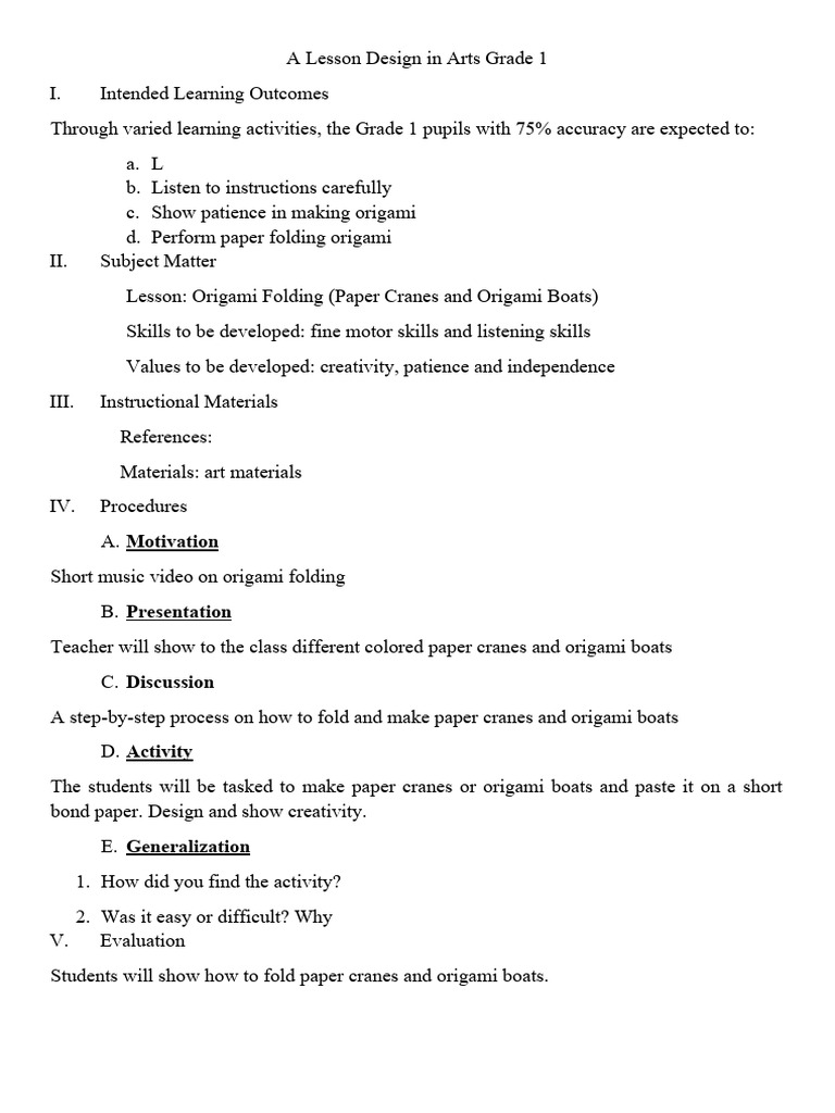 A Lesson Design in Arts Grade 1 | PDF | Origami | Human Communication