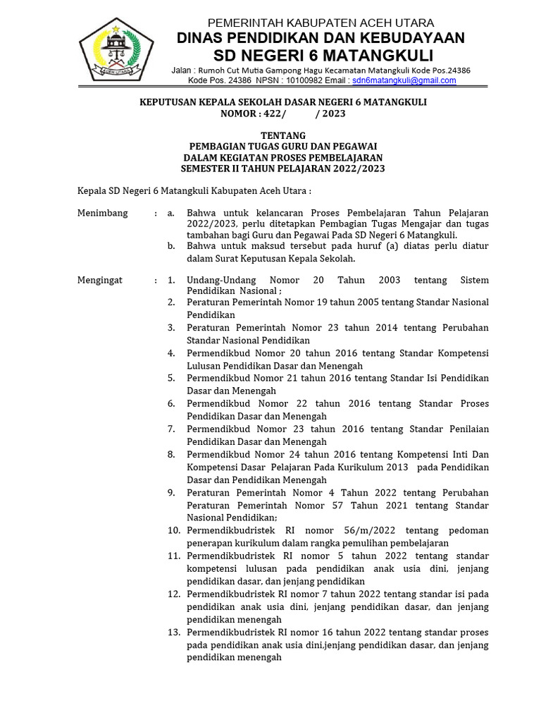 SK Pembagian Tugas Semester Ii 2022-2023 | PDF