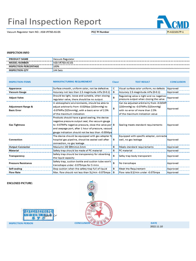 Vacuum Regulator Inspection Report | PDF | Vacuum | Pressure Measurement