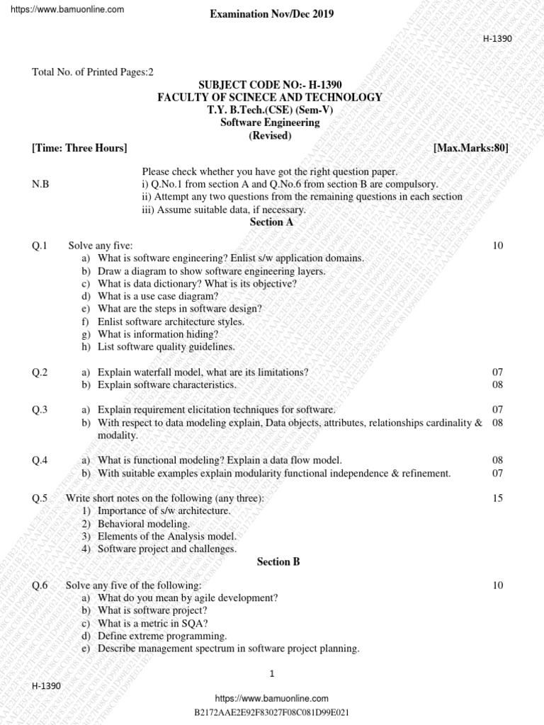 Btech Cse 5 Sem Software Engineering H 1390 Dec 2019 | PDF