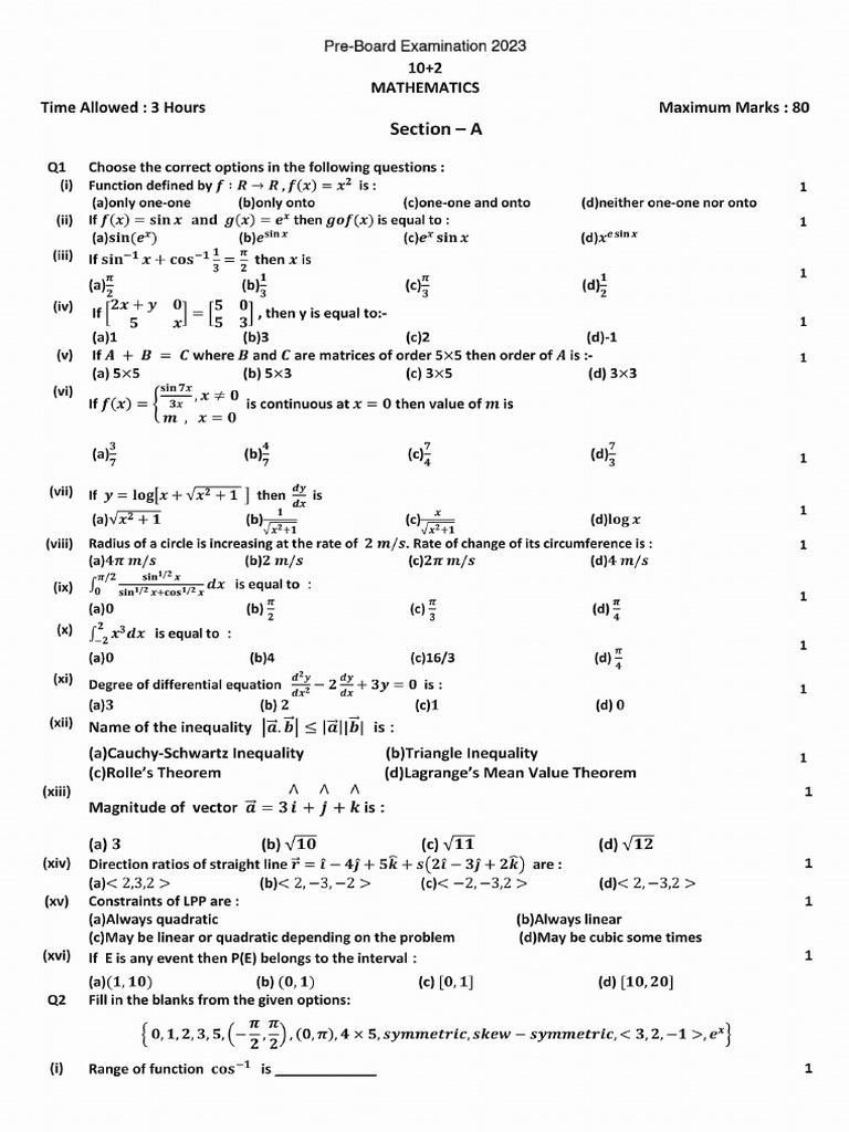 Class 12th Maths Pre-Board 2023 | PDF