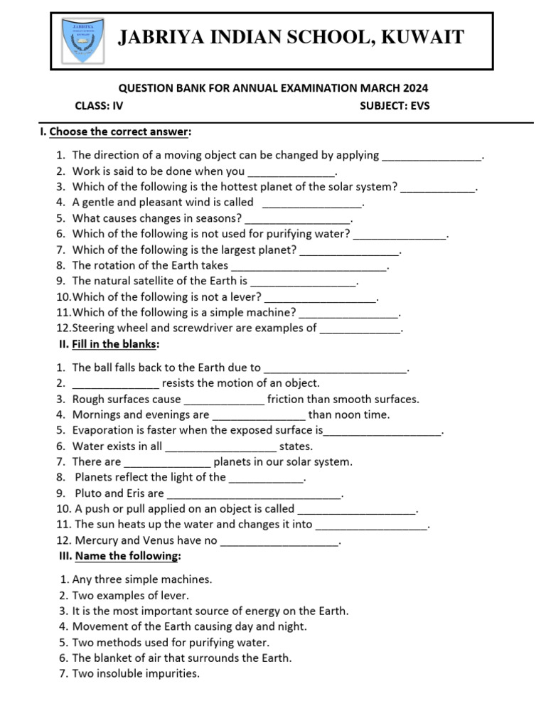 Class IV EVS Exam Prep Guide | PDF | Earth | Planets