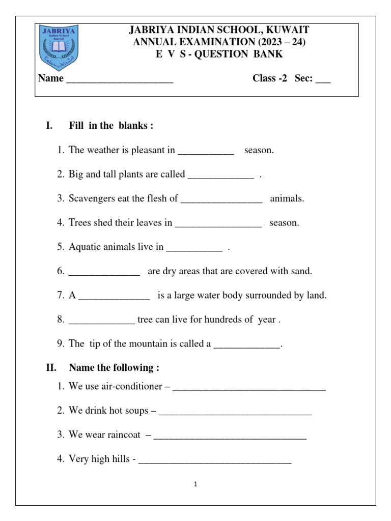 Class-2 Evs Annual Question Bank 2023 - 24 | PDF | Desert | Monsoon