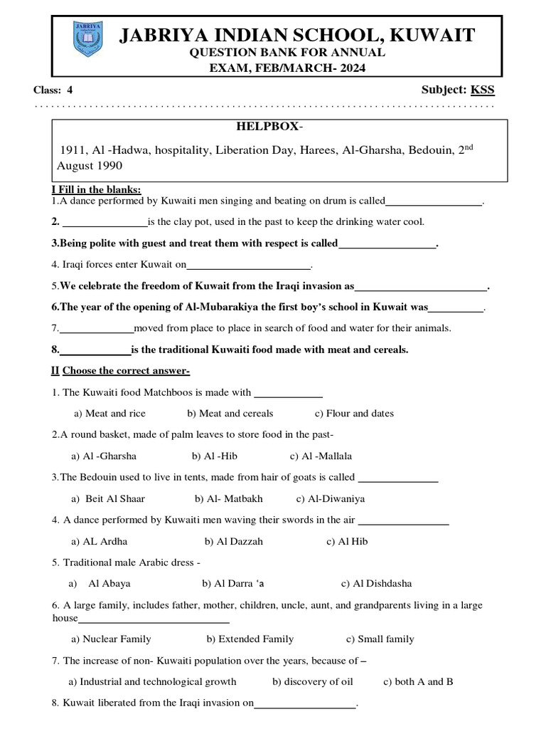 KSS Class 4 Question Bank 2024 | PDF | Kuwait