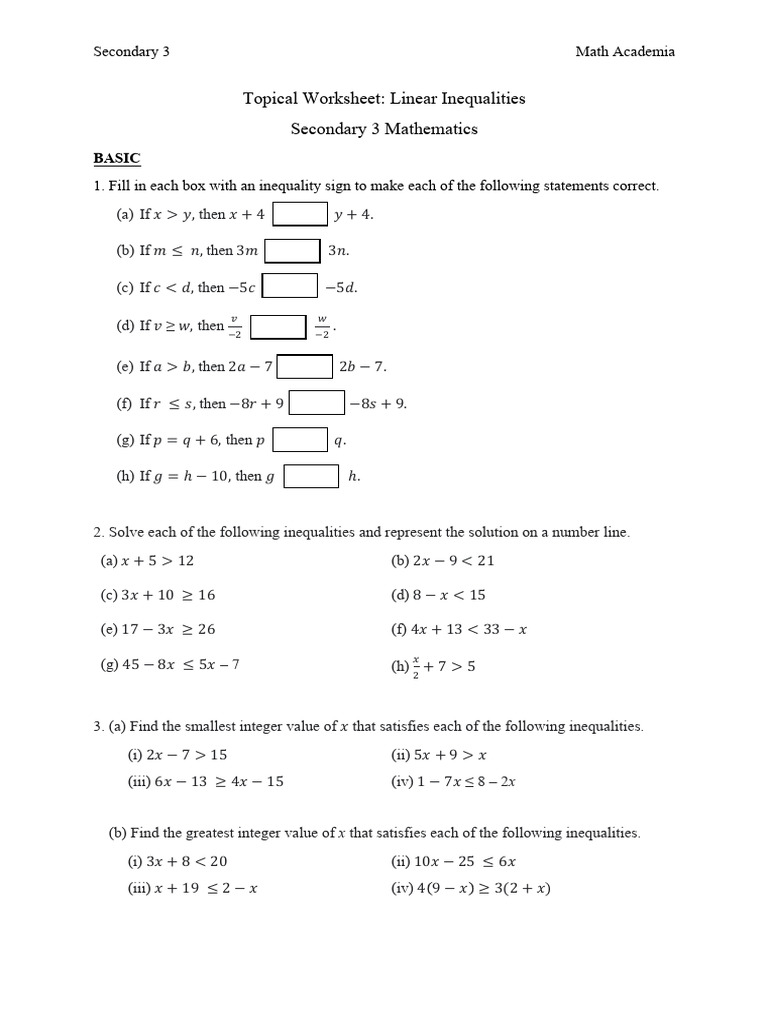 Secondary 3 Linear Inequalities Worksheet | PDF | Inequality ...