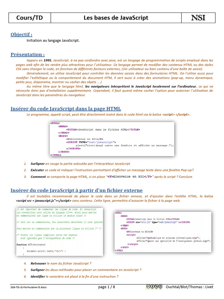 S08 TD JS Formulaire l3 | PDF | Structure de contrôle | JavaScript