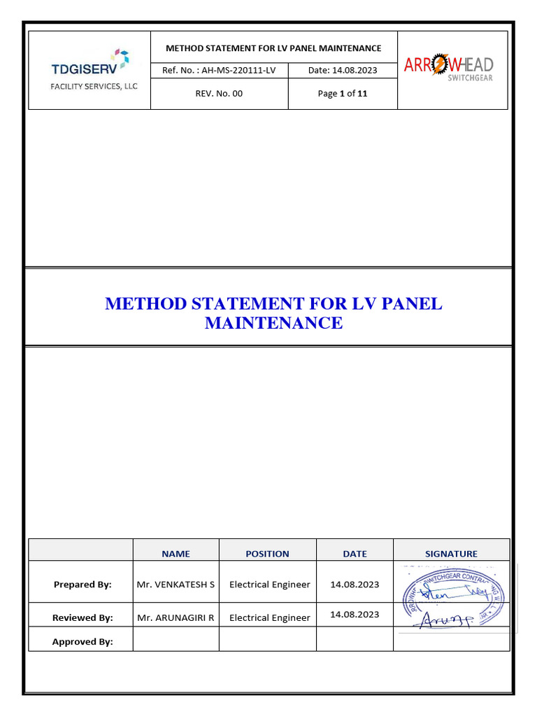 LV Panel Maintenance Method Statement | PDF | Personal Protective ...