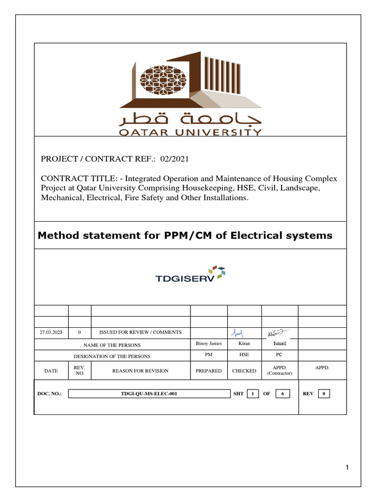 PPM Method Statement for Electrical Systems | PDF | Occupational Safety ...