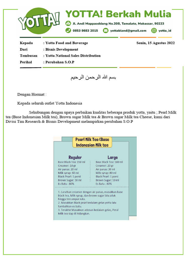 020 - Perubahan SOP Pearl Milk Tea, Brown Sugar Milk Tea & Brown Sugar Milk Tea Cheese | PDF