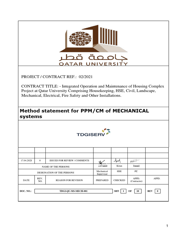 Method Statement For PPMCM of Mechanical Systems | PDF | Water Heating | Environmental Engineering