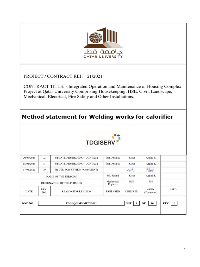 Method Statement For Welding Works For Calorifier | PDF | Occupational ...