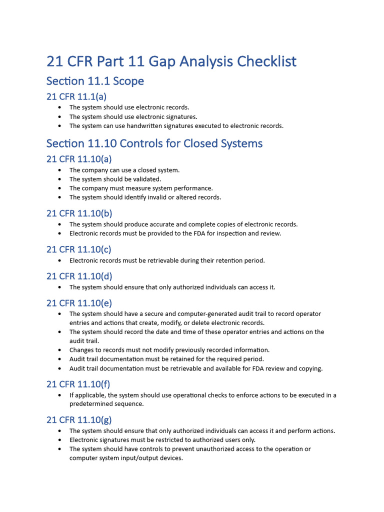 21 CFR Part 11 GAP Analysis Checklist - Part - 1 | PDF
