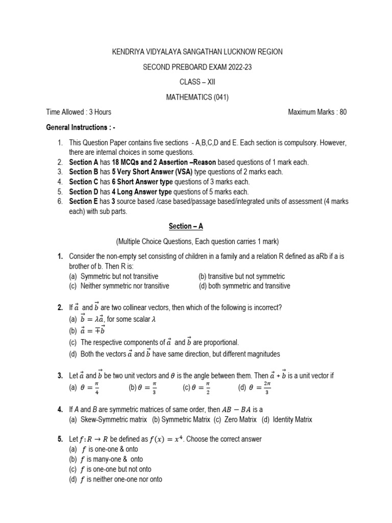 QP 2nd Pre Board Class 12 Maths PDF | PDF | Matrix (Mathematics) | Euclidean Vector