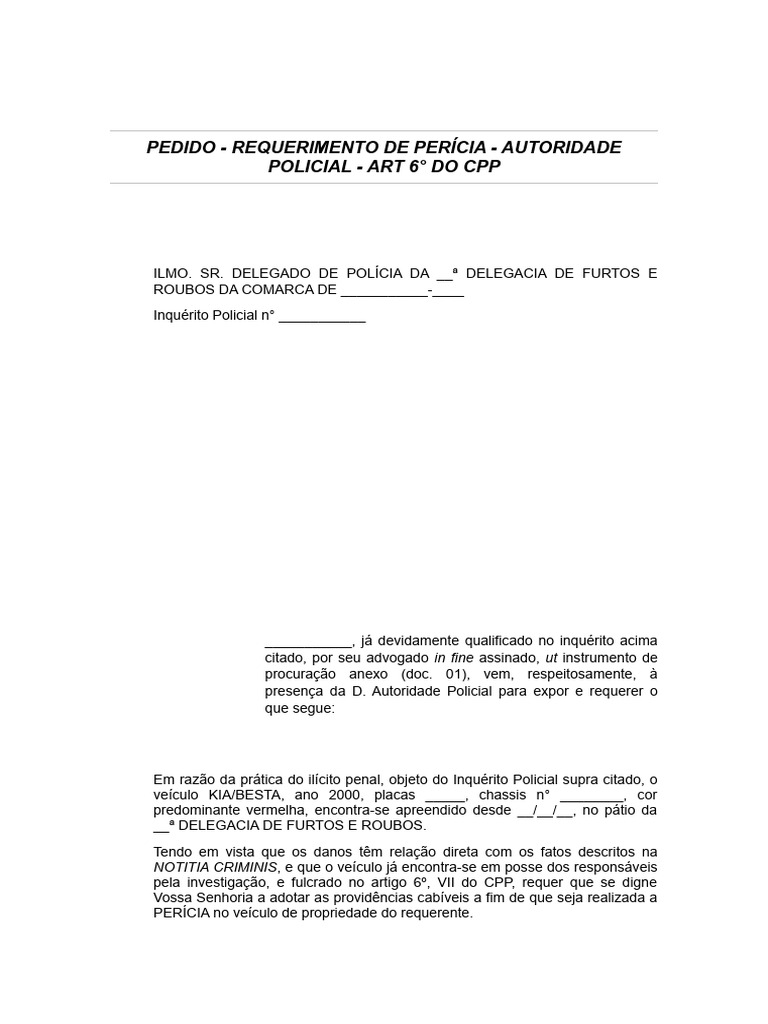 Pedido Requerimento de Perícia Autoridade Policial Art 6° Do CPP | PDF