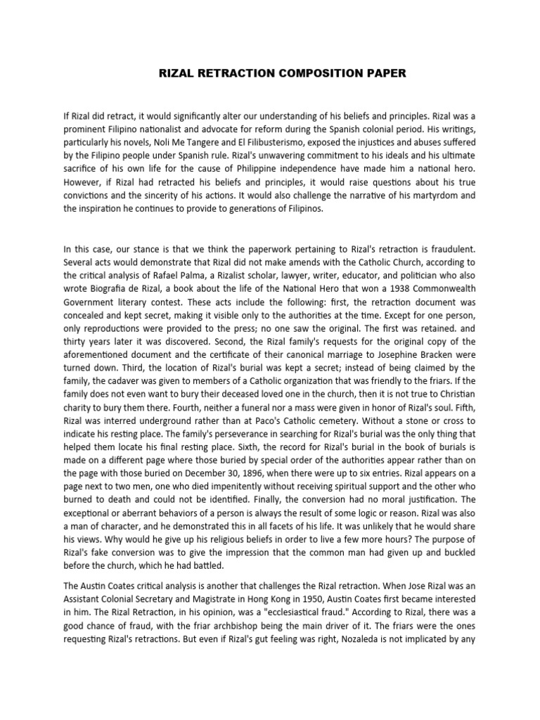 Rizal Retraction Composition Paper | PDF | Burial