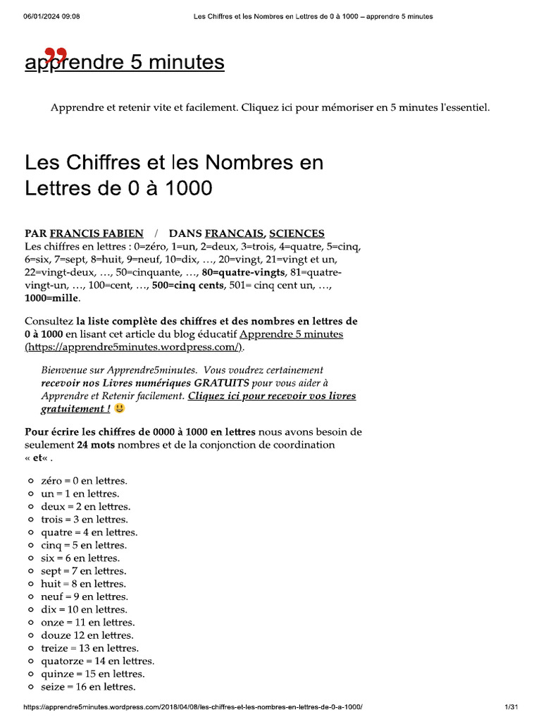 Les Chiffres Et Les Nombres en Lettres de 0 À 1000 - Apprendre 5 ...