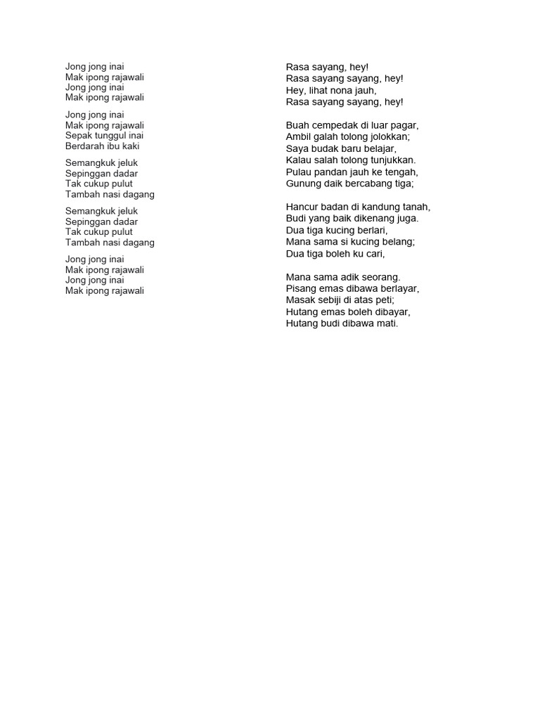 Lirik Lagu Jong Jong Inai dan Lainnya | PDF | Foreign Language Studies ...