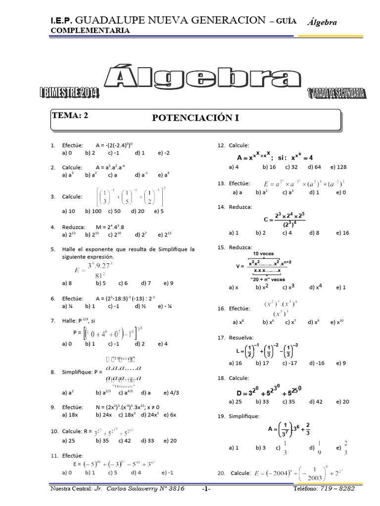 Algebra - 1er Año - I Bimestre - 2014 | PDF