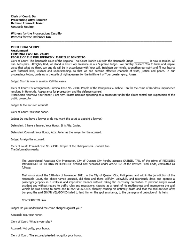 Mock Trial Script: People vs. Tan | PDF | Plea | Psychiatry