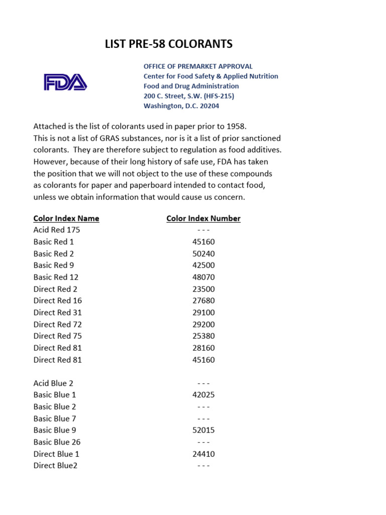 List Pre-58 Colorants | PDF | Yellow | Blue