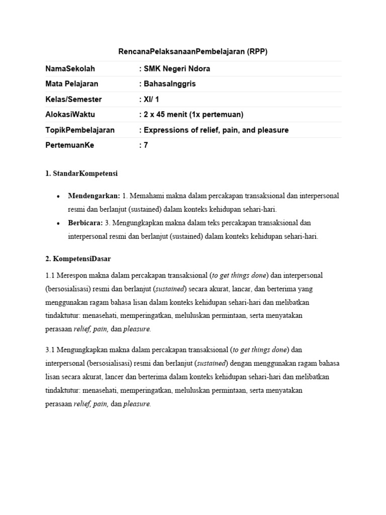 Contoh RPP Bahasa Inggris Kelas 11 SMA Kurikulum 2013 | PDF