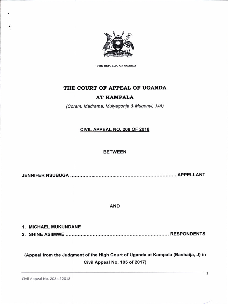 Nsubuga V Mukundane and Another (Civil Appeal No 208 of 2018) 2023 UGCA 98 (17 March 2023) | PDF ...