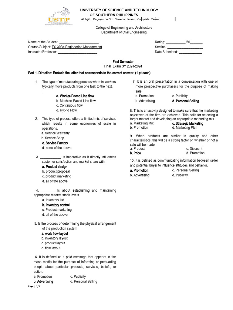 Answer Key Final Exam ES303a SY 2023 2024 Set A | PDF | Marketing | Sales