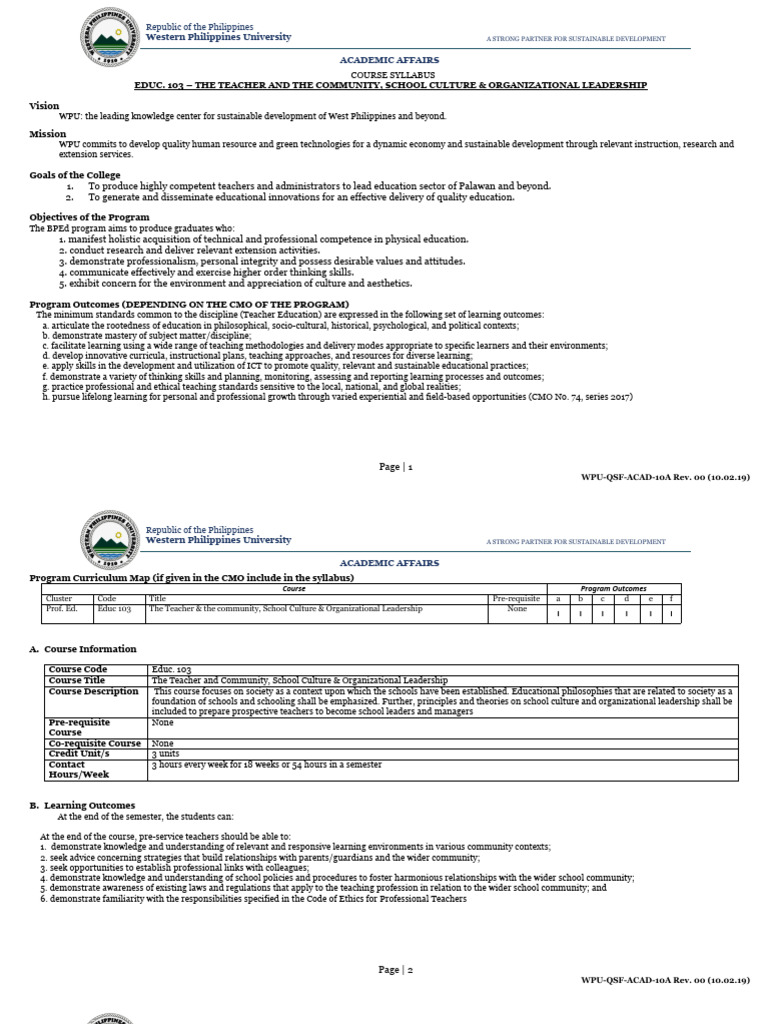 Educ 103 THE TEACHER AND THE COMMUNITY, SCHOOL CULTURE & ORGANIZATIONAL LEADERSHIP | PDF