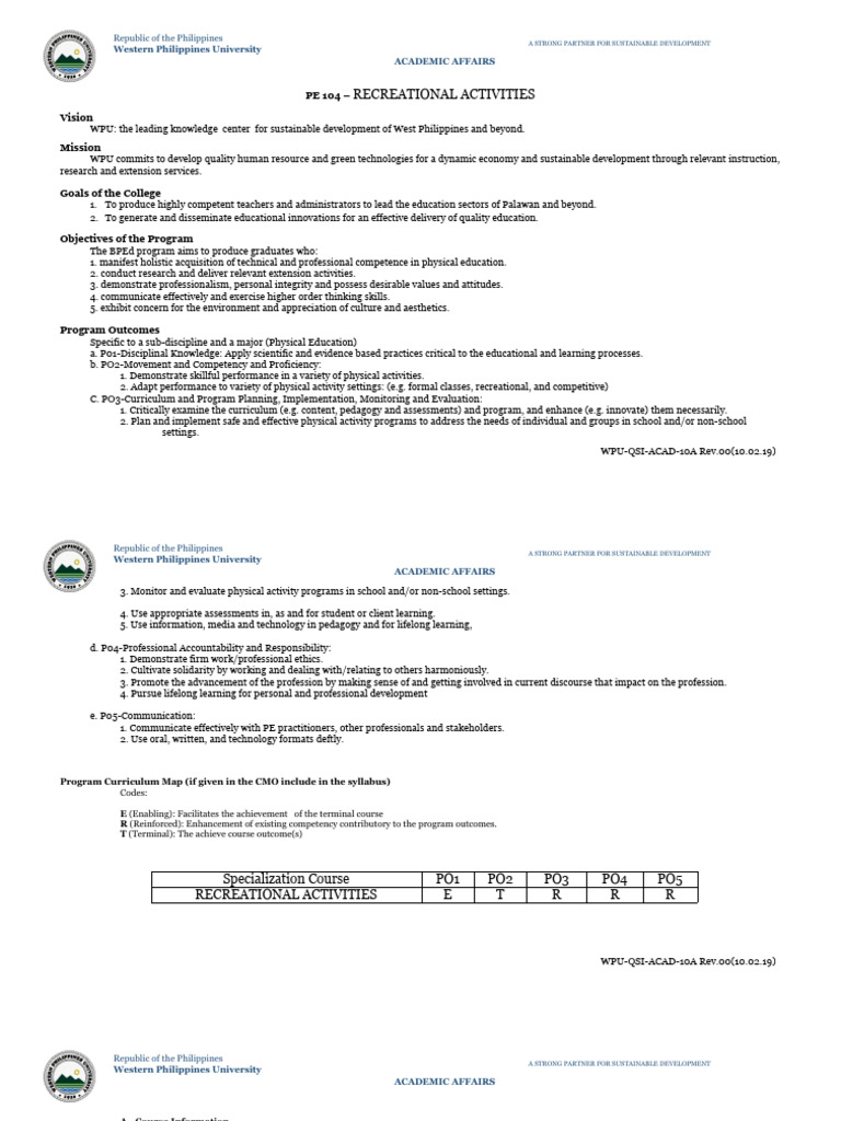 PE 104: Recreational Activities Course Guide | PDF | Learning ...