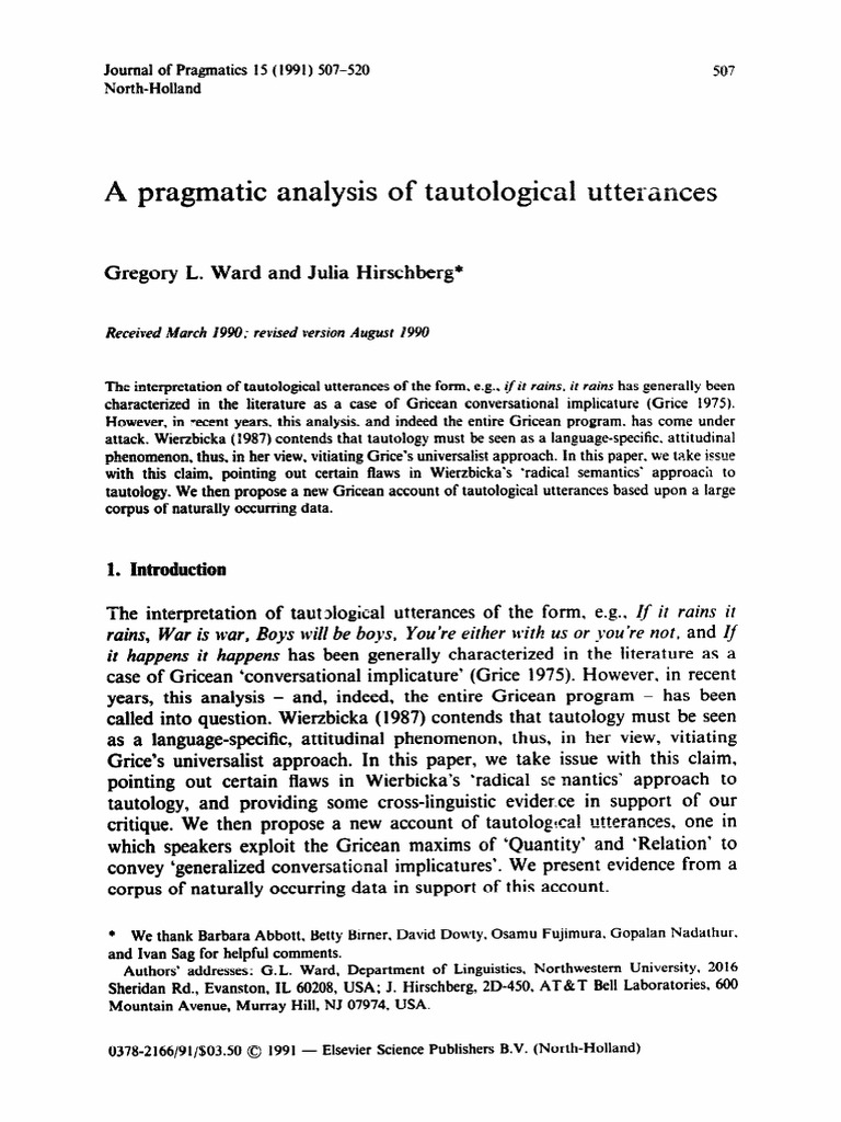 A Pragmatic Analysis of Tautological Utt | PDF