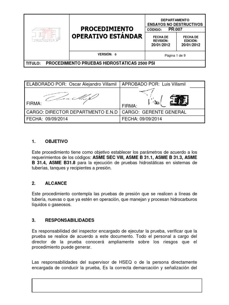 PR-007 PROCEDIMIENTO PRUEBA HIDROSTATICA 2500 PSI | PDF | Presión | Bomba