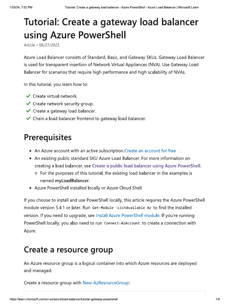 Create A Gateway Load Balancer Using Azure PowerShell | PDF