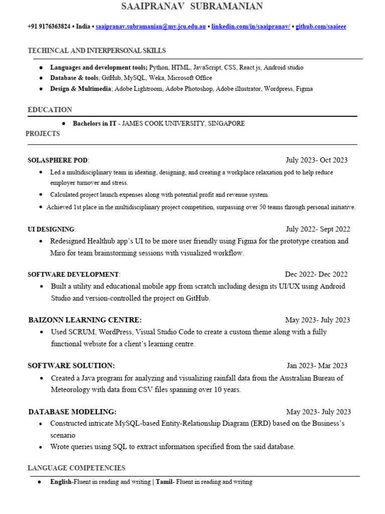 Saaipranav Subramanian Cv Pdf Databases Java Script 