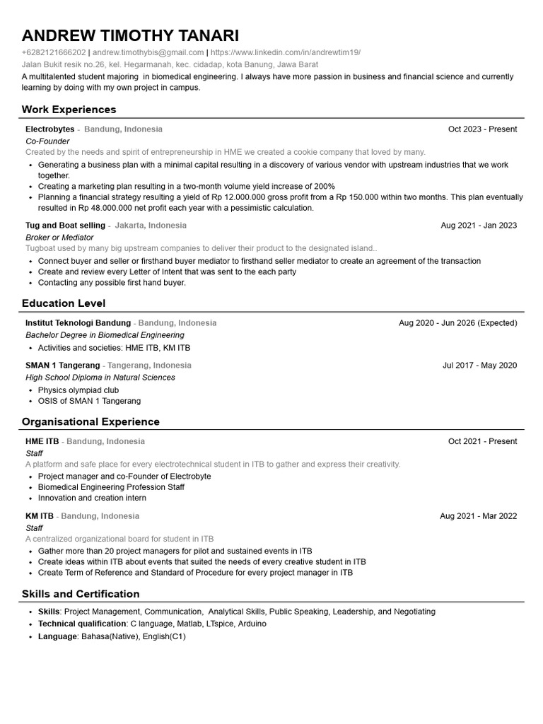 Andrew Timothy Tanari-Resume | PDF | Business | Economies