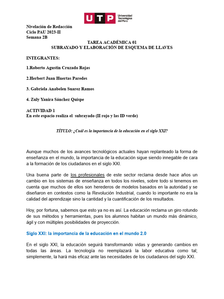 2B - Subrayado y Esquema de Llaves (Formato) TA1 - Docx | PDF ...