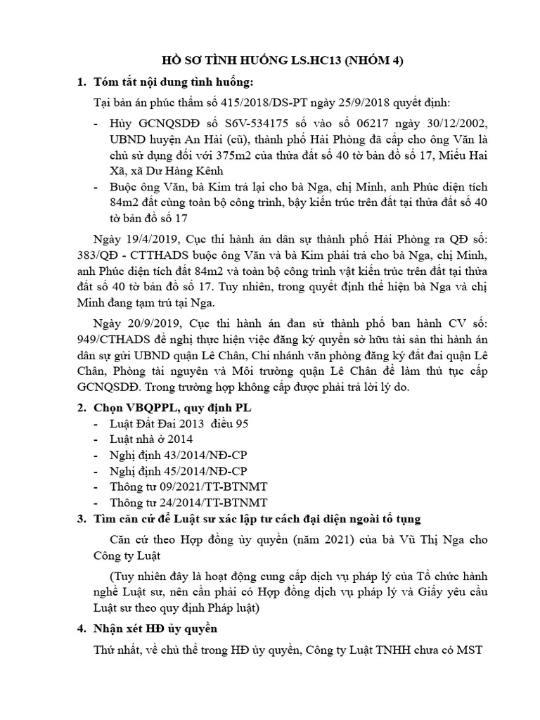 Hồ Sơ Tình Huống Ls.Hc13 (Nhóm 4) 1. Tóm tắt nội dung tình huống | PDF