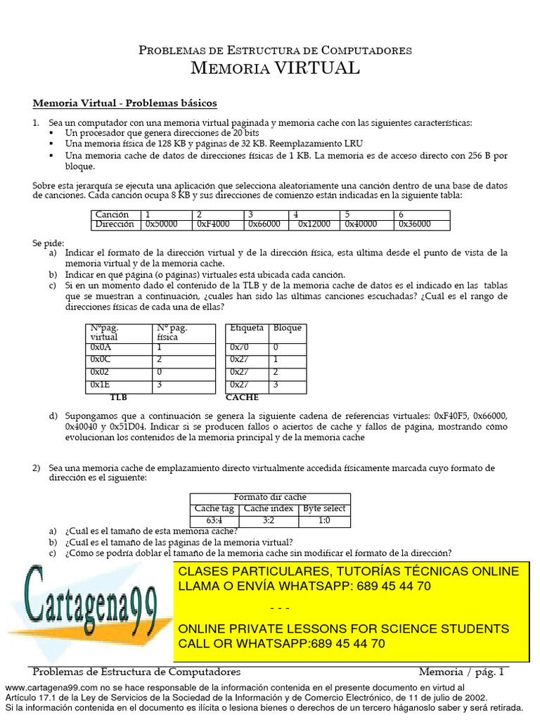 Problemas de Estructura de Computadores Memoria Virtual | PDF | Almacenamiento de datos de la ...