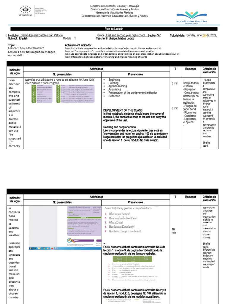 Lesson 1 Modulo 3 Primer Año Modulo 3 Ingles | PDF