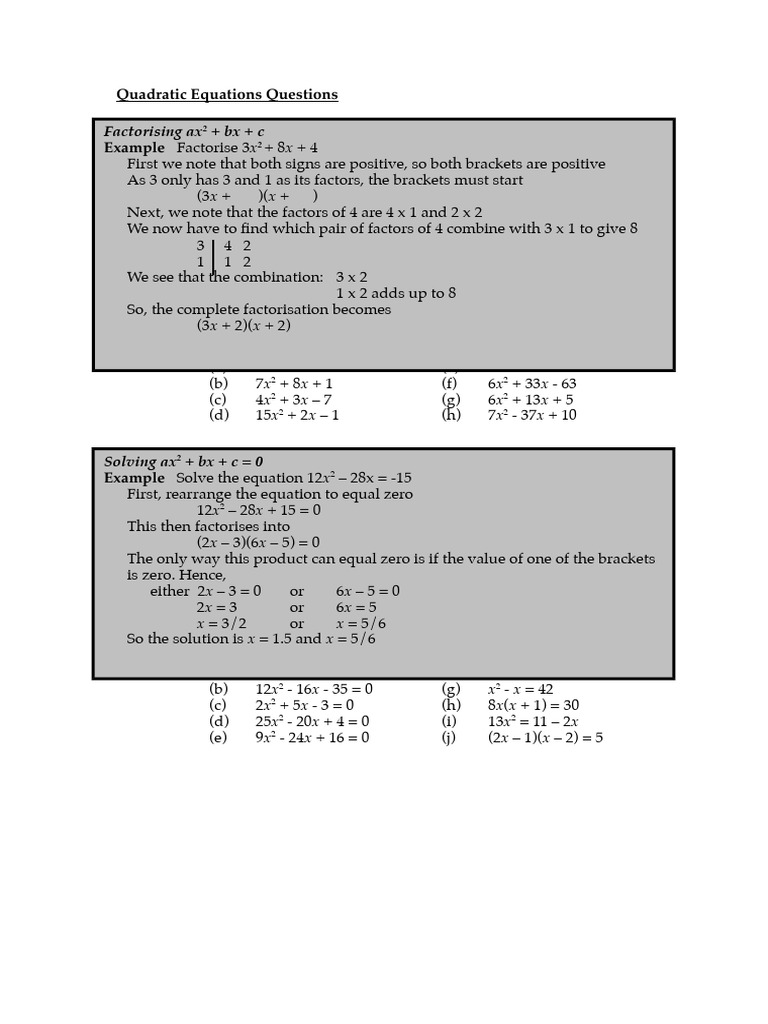 Quadratic Equations Questions | PDF | Quadratic Equation | Factorization