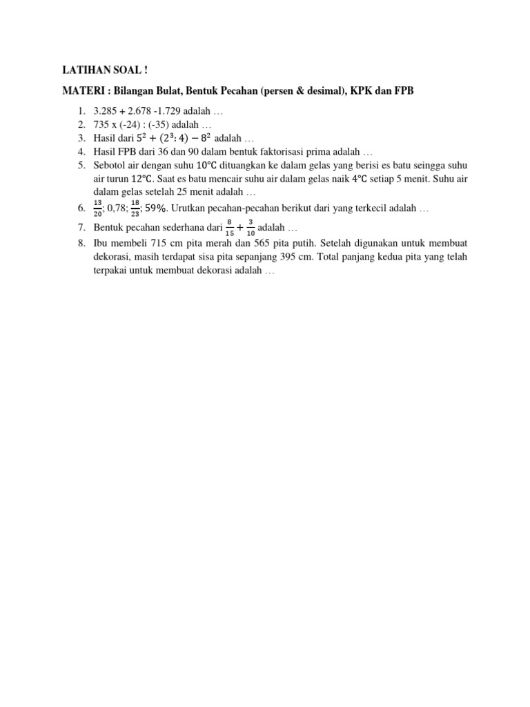LATIHAN SOAL (Bilangan Bulat, Pecahan, KPK Dan FPB) | PDF | Griya ...